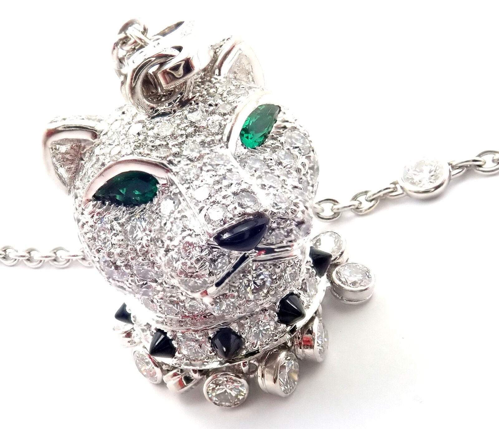Authentic Cartier Panther 18k White Gold Diamond Emerald Onyx Pendant Necklace