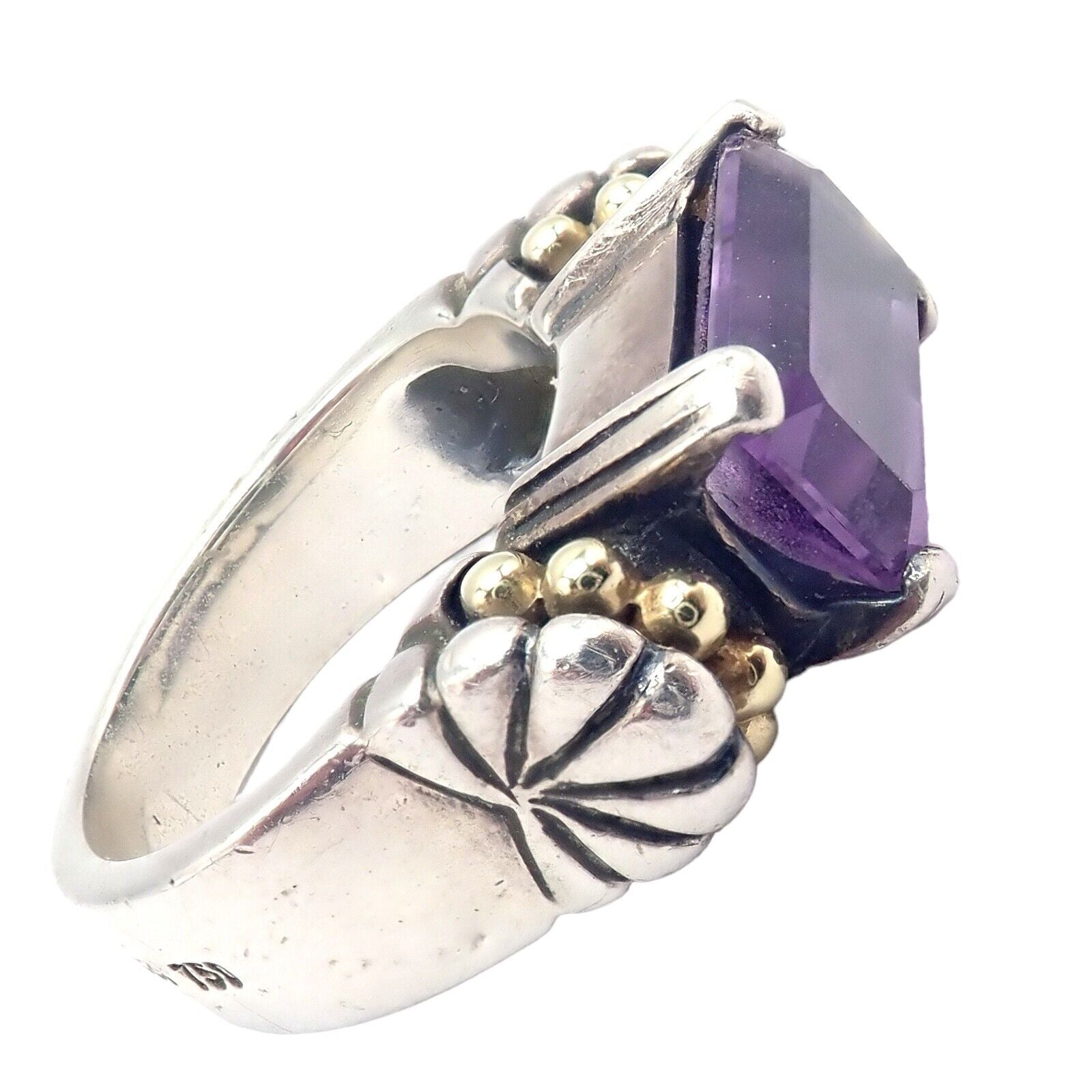 Authentic! Lagos Caviar Silver + 18k Yellow Gold Amethyst Ring
