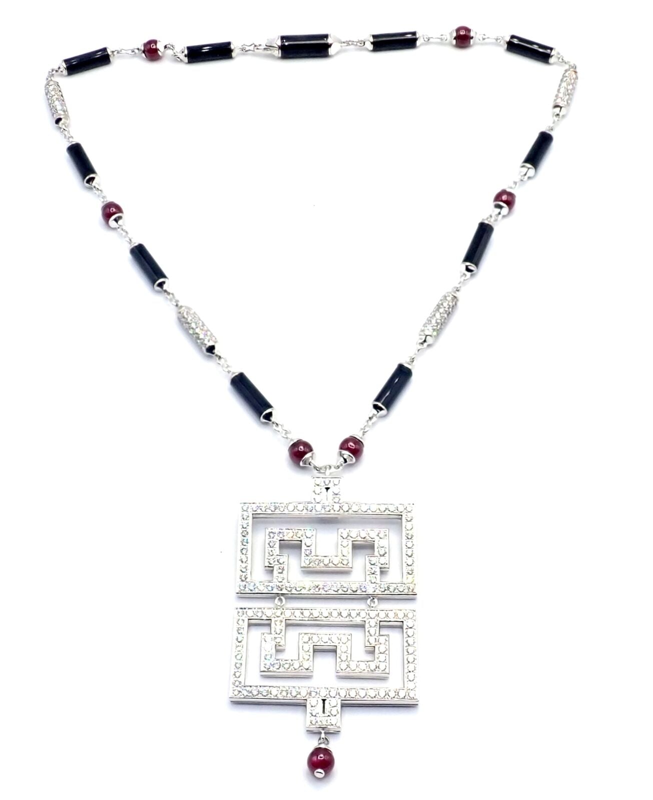 Cartier Le Baiser Du Dragon 18k White Gold Onyx Ruby Diamond Pendant Necklace