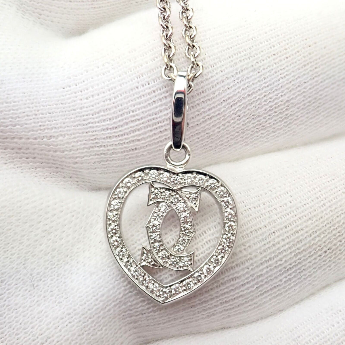 Authentic! Cartier Double C Heart 18k White Gold Diamond Pendant Neckl