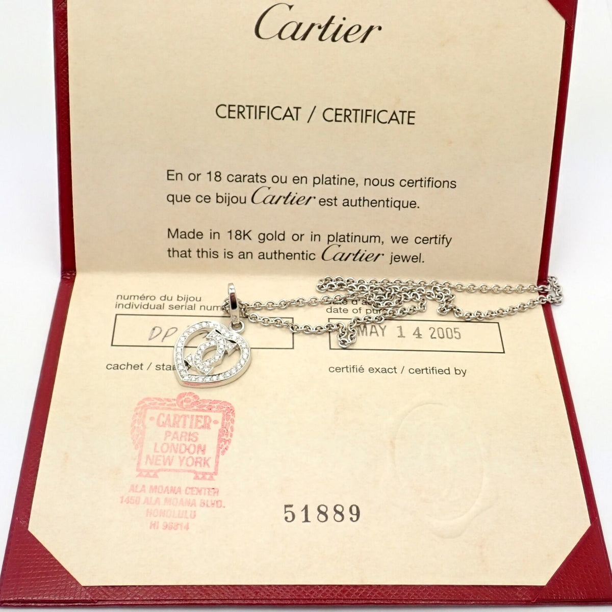 Authentic! Cartier Double C Heart 18k White Gold Diamond Pendant Neckl