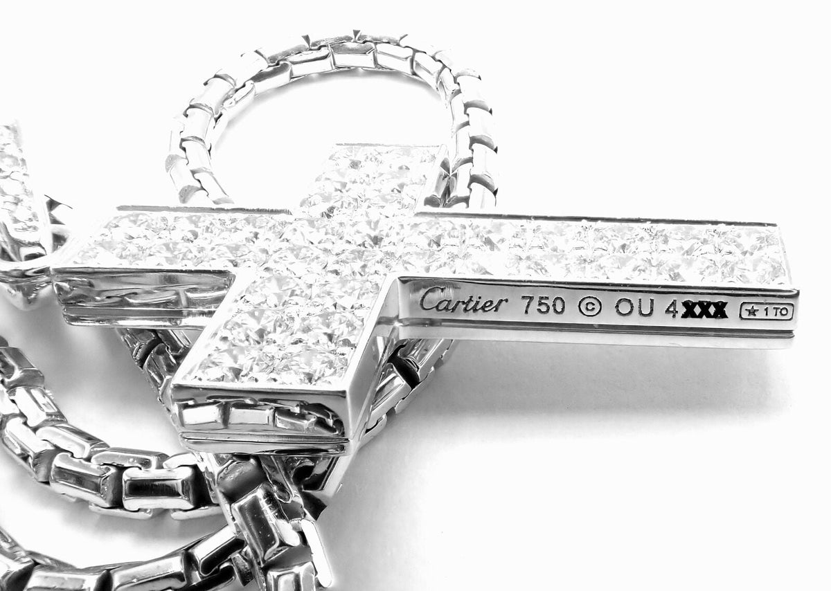 Authentic Cartier Cross 18k White Gold Diamond Charm Pendant Link Neck