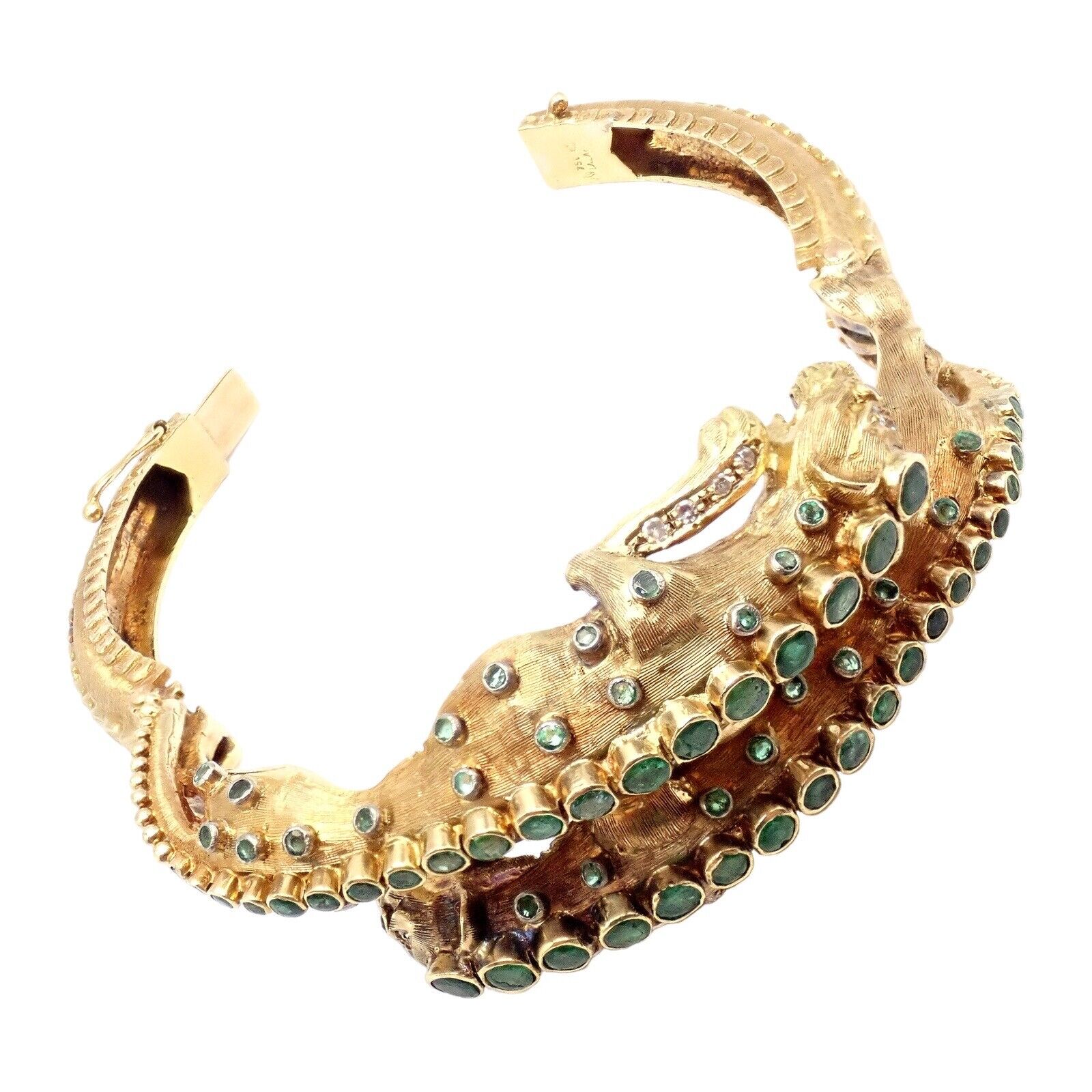 Vintage! Ilias Lalaounis 18k Yellow Gold Emerald Diamond Lioness Bangl