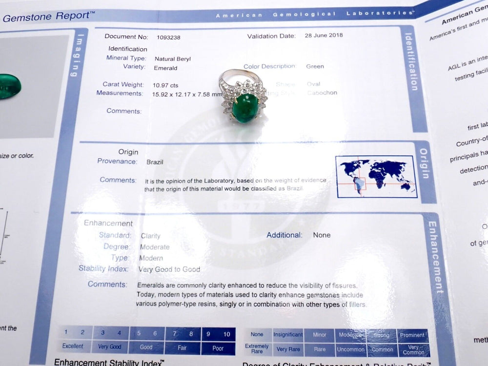 Authentic Craig Drake 18k White Gold Large 10.97ct Emerald Diamond Coc